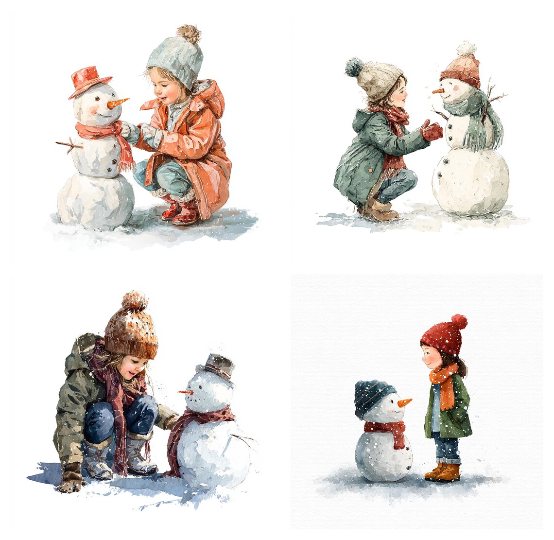 22x Girl and Snowman Watercolor Christmas Illustrations: PNG Clipart ...
