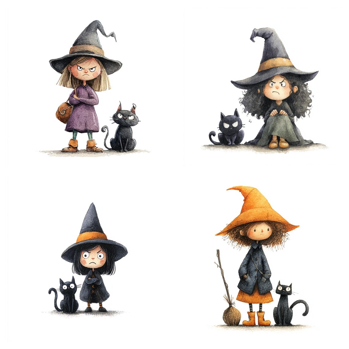 27 X Halloween Little Witch and Black Cat Clipart: Watercolor Junk ...