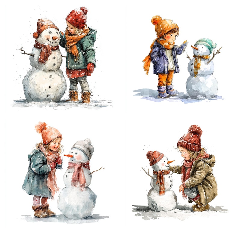 22x Girl and Snowman Watercolor Christmas Illustrations: PNG Clipart ...