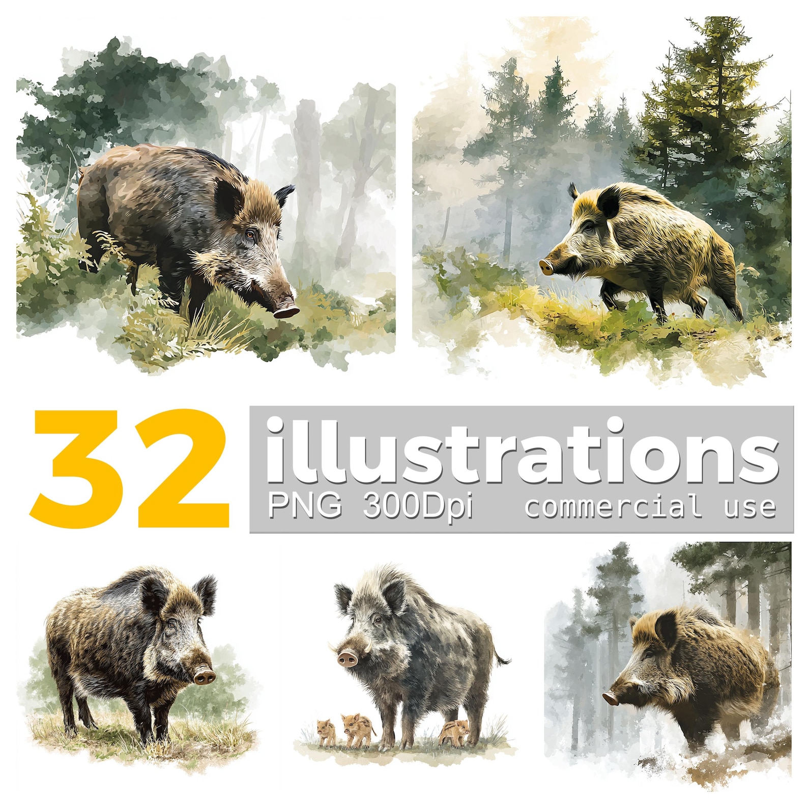 Watercolor Wild Boar Clipart: Forest Animal Illustrations (PNG Digital ...