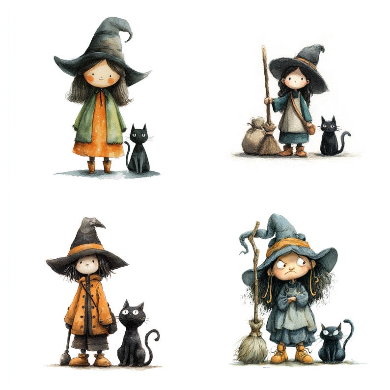 27 X Halloween Little Witch and Black Cat Clipart: Watercolor Junk ...