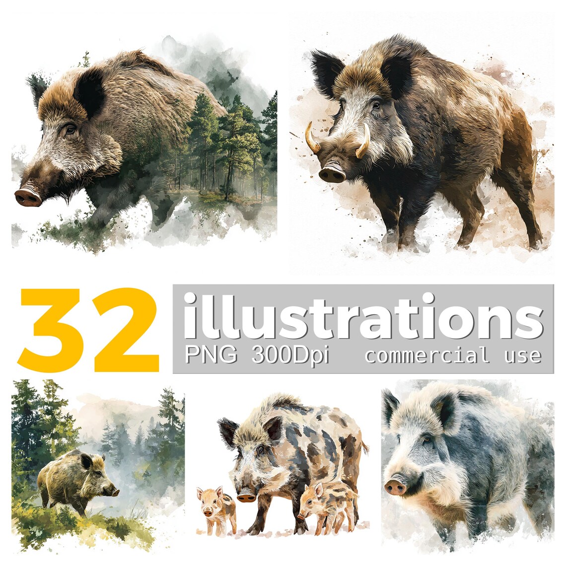 Watercolor Wild Boar Clipart: Forest Animal Illustrations (PNG Digital ...