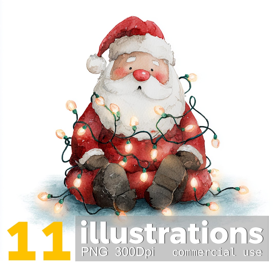 11 X Christmas Watercolor Clipart: Santa Claus and Christmas Lights ...