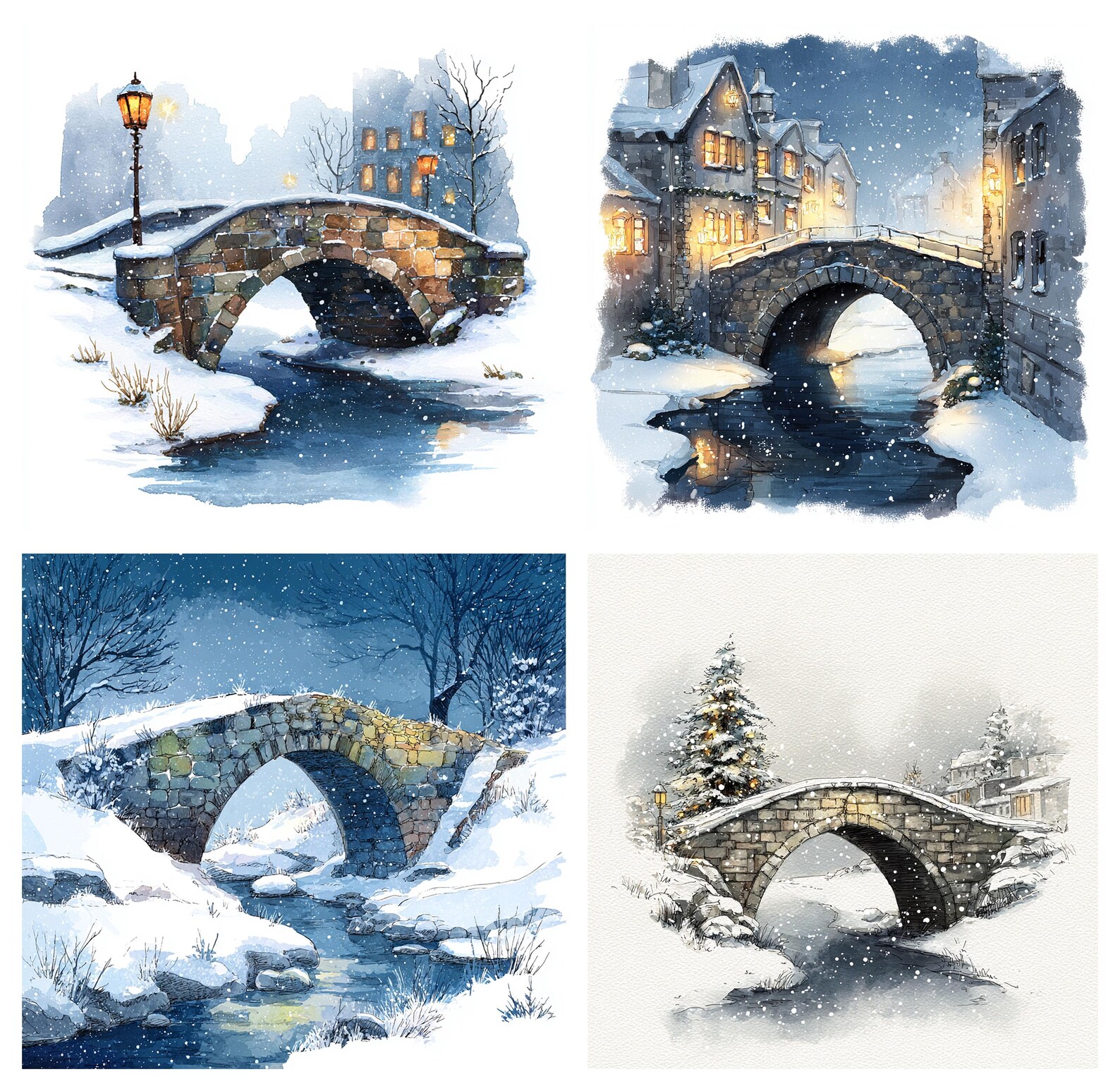 24 X Christmas Night Watercolor Clipart: Winter Stone Bridge (digital ...