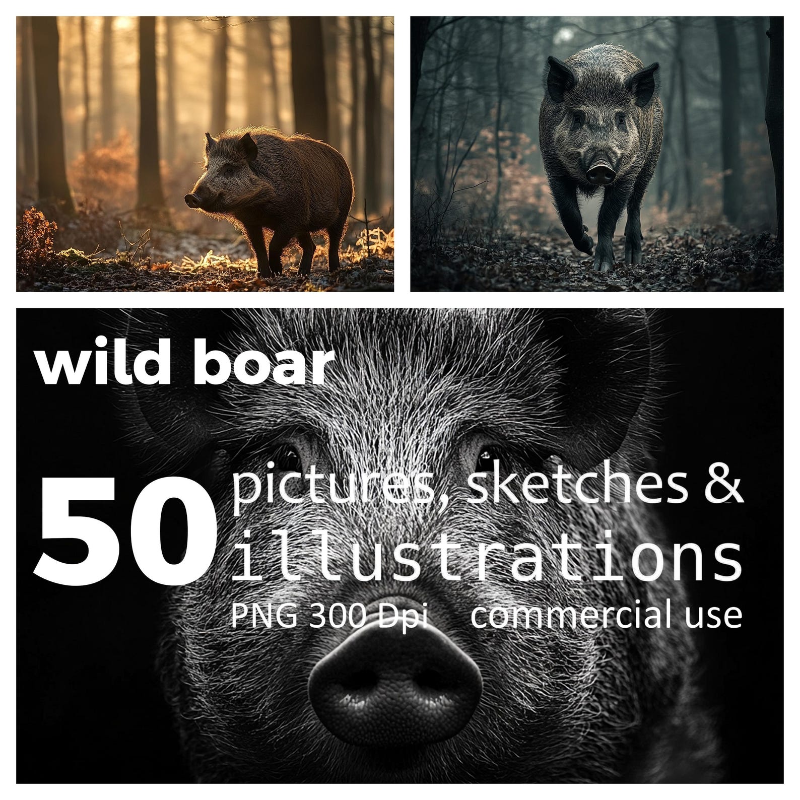 Wild Boar Illustrations: 50 PNG Animal Graphics (commercial Use ...
