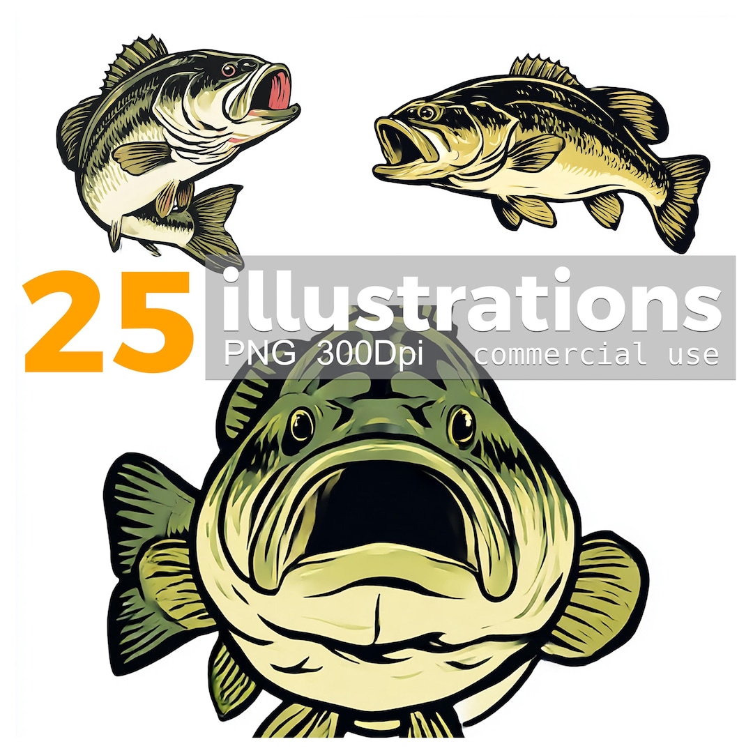Largemouth Bass Fishing Vector Icons: 25 PNG Decal Illustrations ...