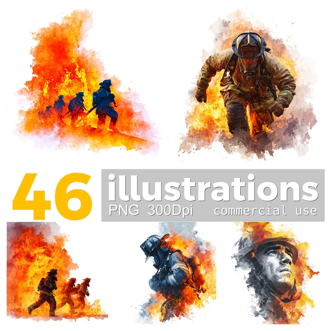 Watercolor Firefighter Clipart: 46 PNG Illustrations (commercial Use ...