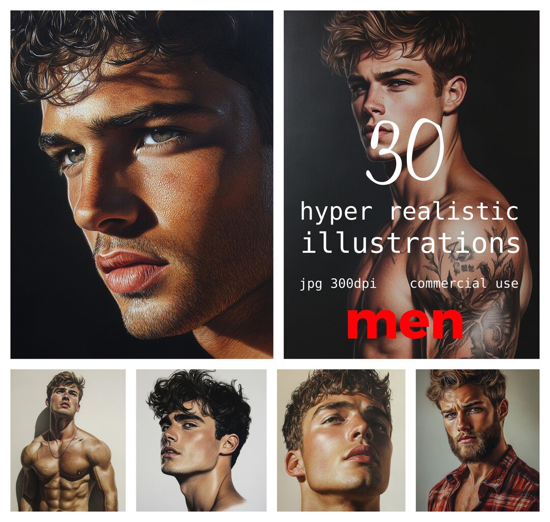 Hyper Realistic Men Portrait Illustrations: 30 JPEG Commercial Use ...