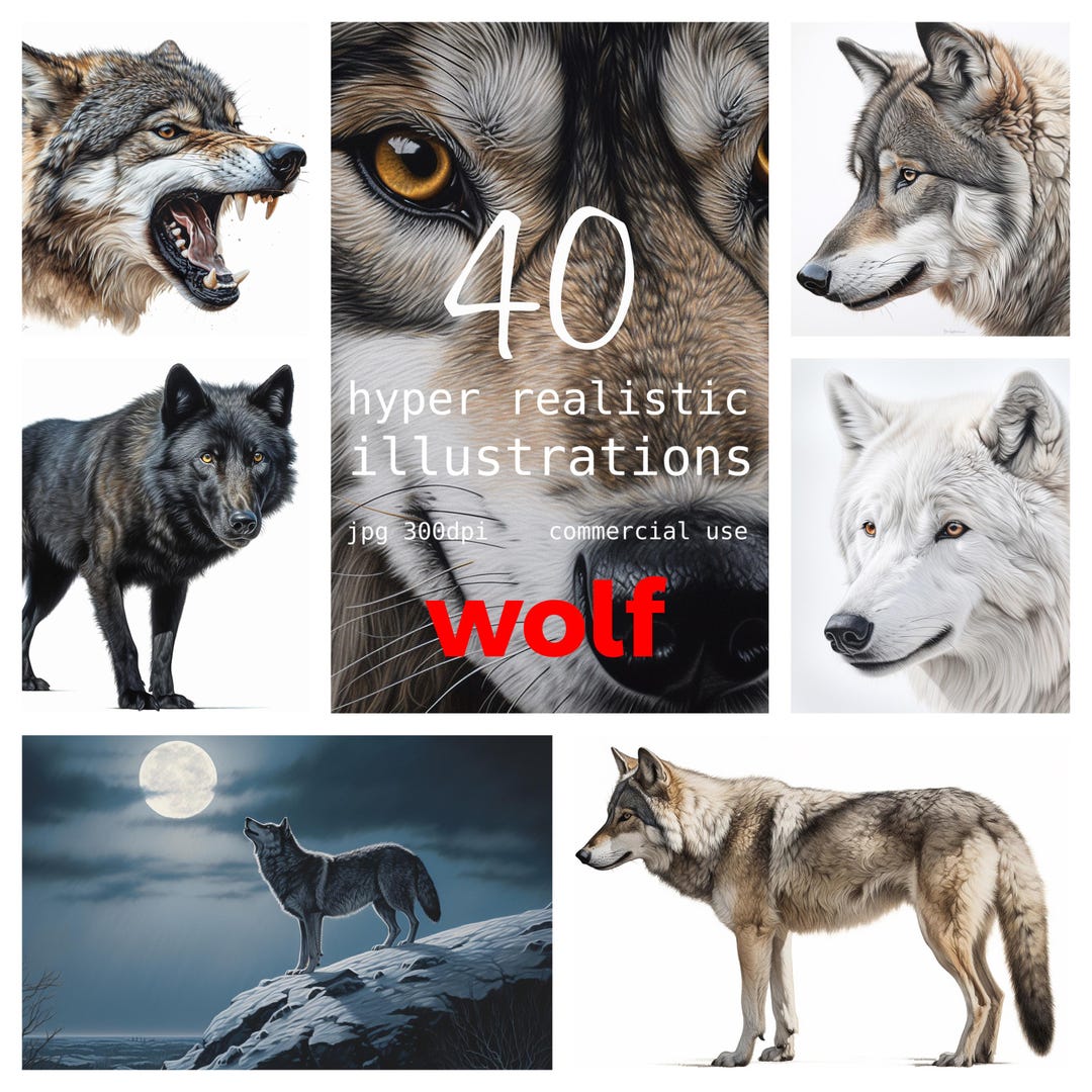 40 Wolf Illustrations: Hyper Realistic Animal Art (JPEG Digital ...