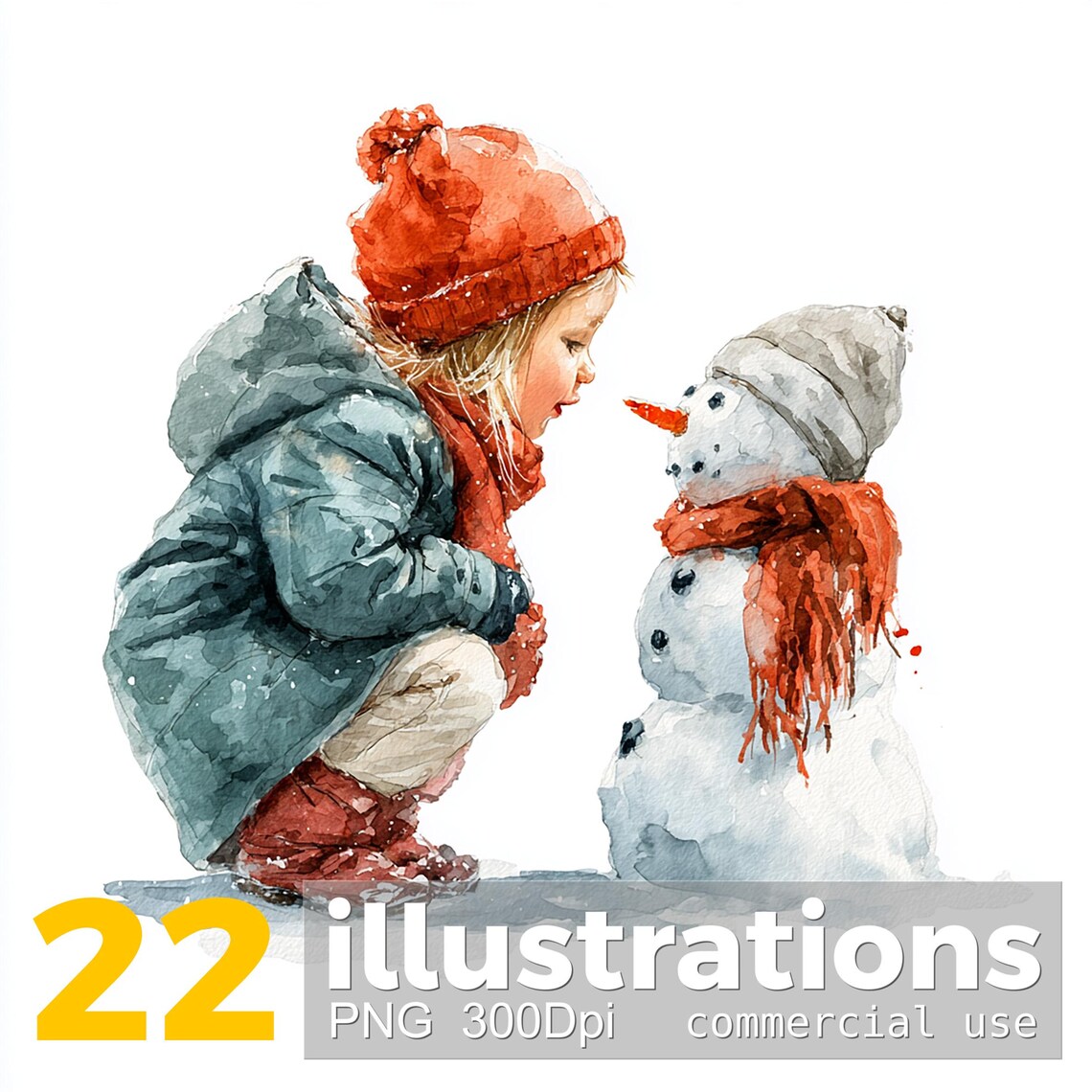 22x Girl and Snowman Watercolor Christmas Illustrations: PNG Clipart ...