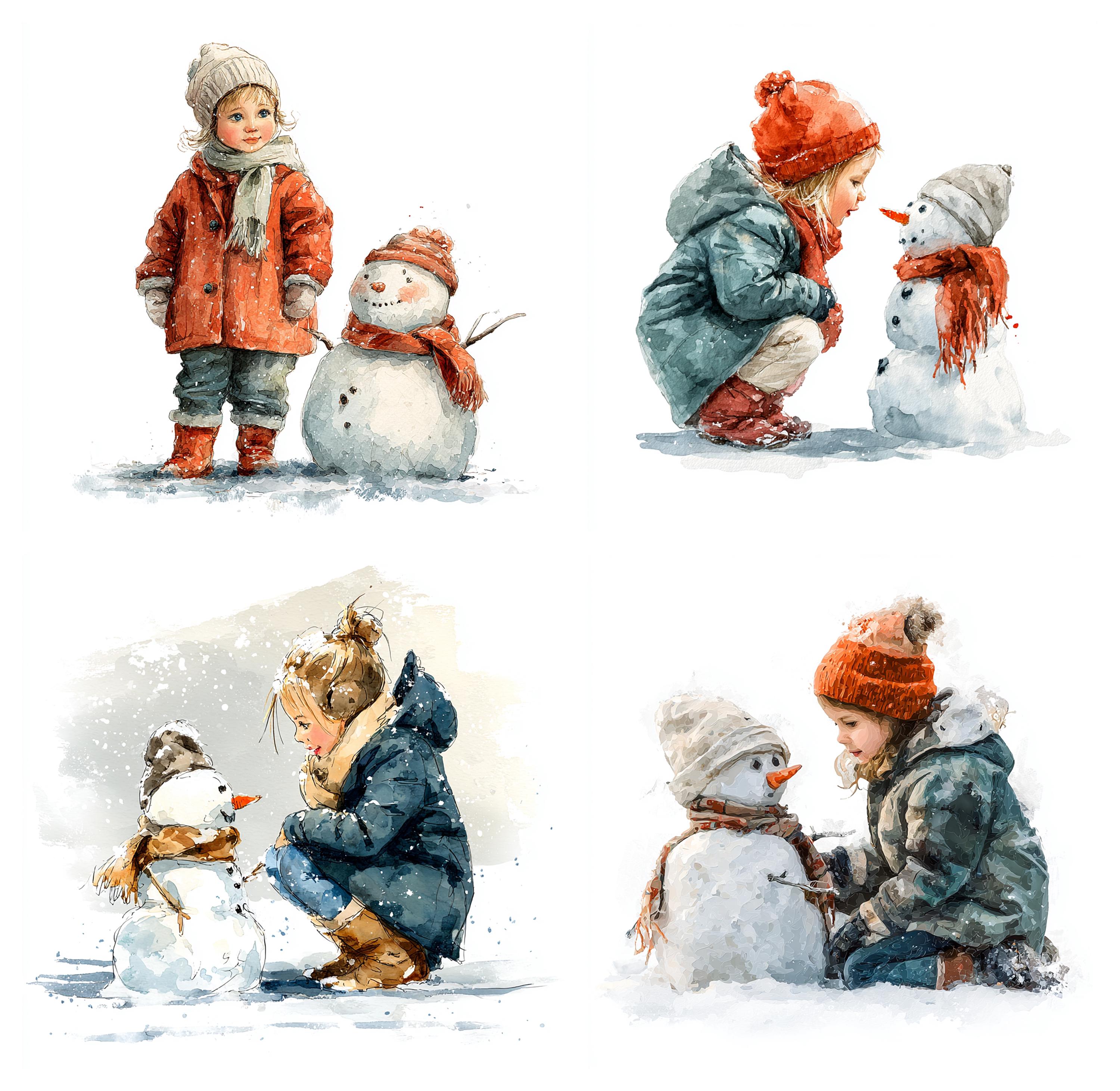 22x Girl and Snowman Watercolor Christmas Illustrations: PNG Clipart ...