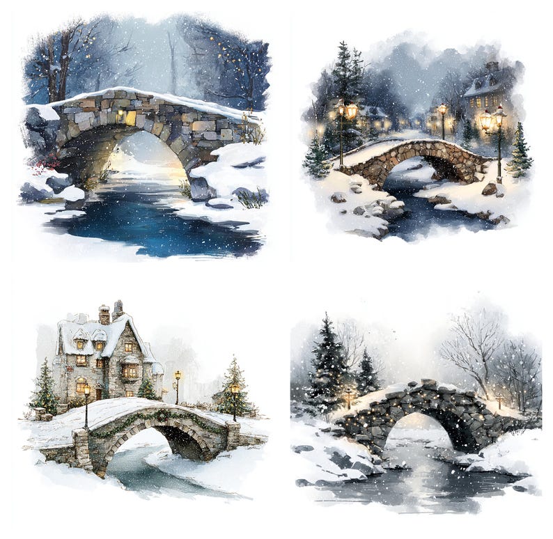 24 X Christmas Night Watercolor Clipart: Winter Stone Bridge (digital ...