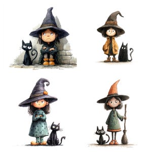 27 X Halloween Little Witch and Black Cat Clipart: Watercolor Junk ...