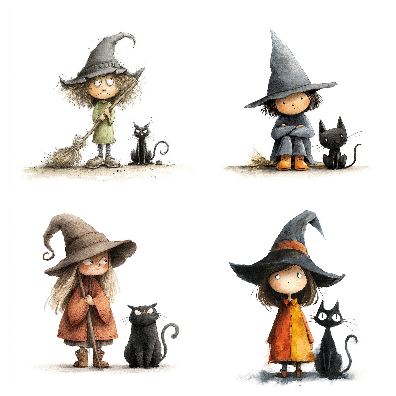 27 X Halloween Little Witch and Black Cat Clipart: Watercolor Junk ...