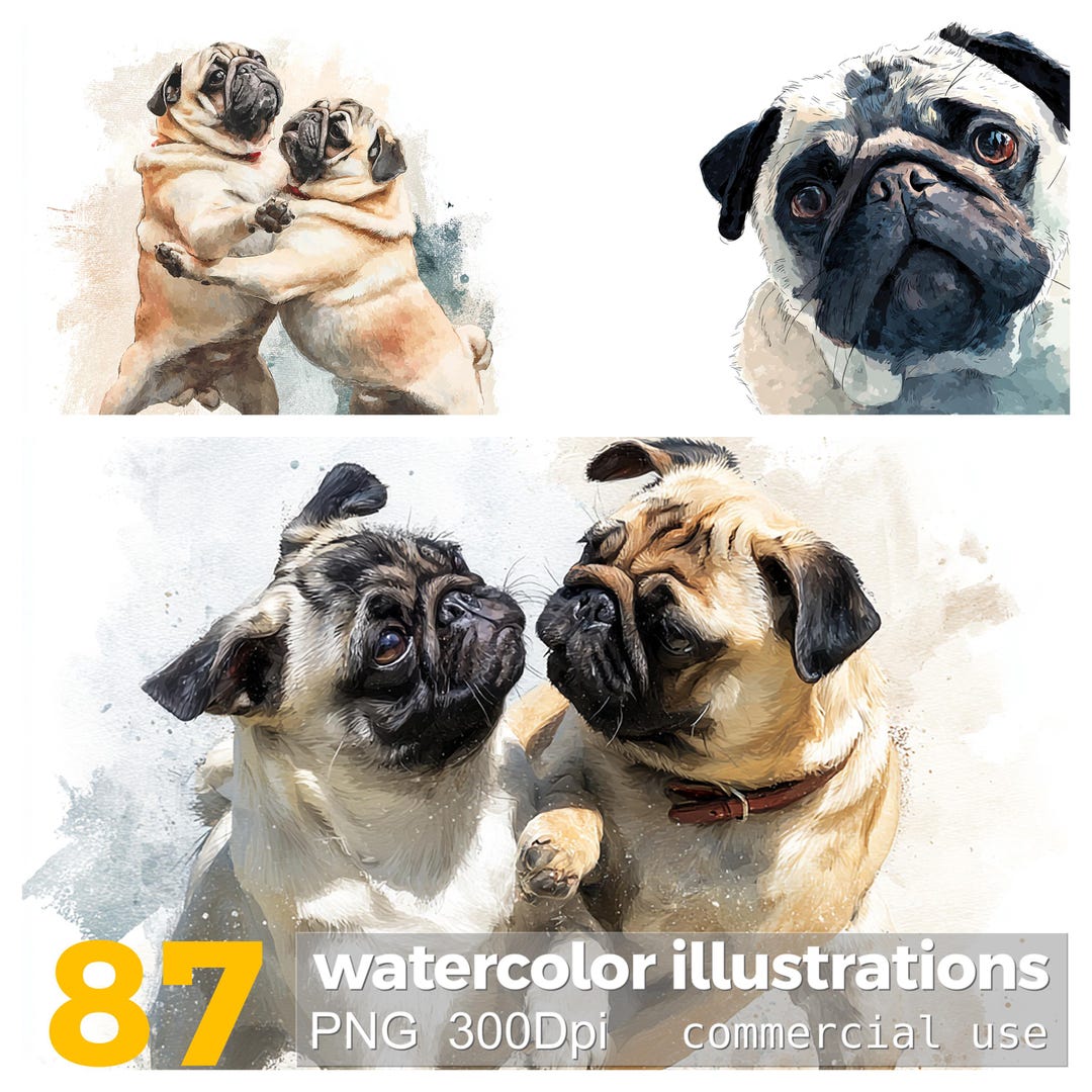 Watercolor Pug Dog Clipart: 87 PNG Illustrations (digital Download - Etsy