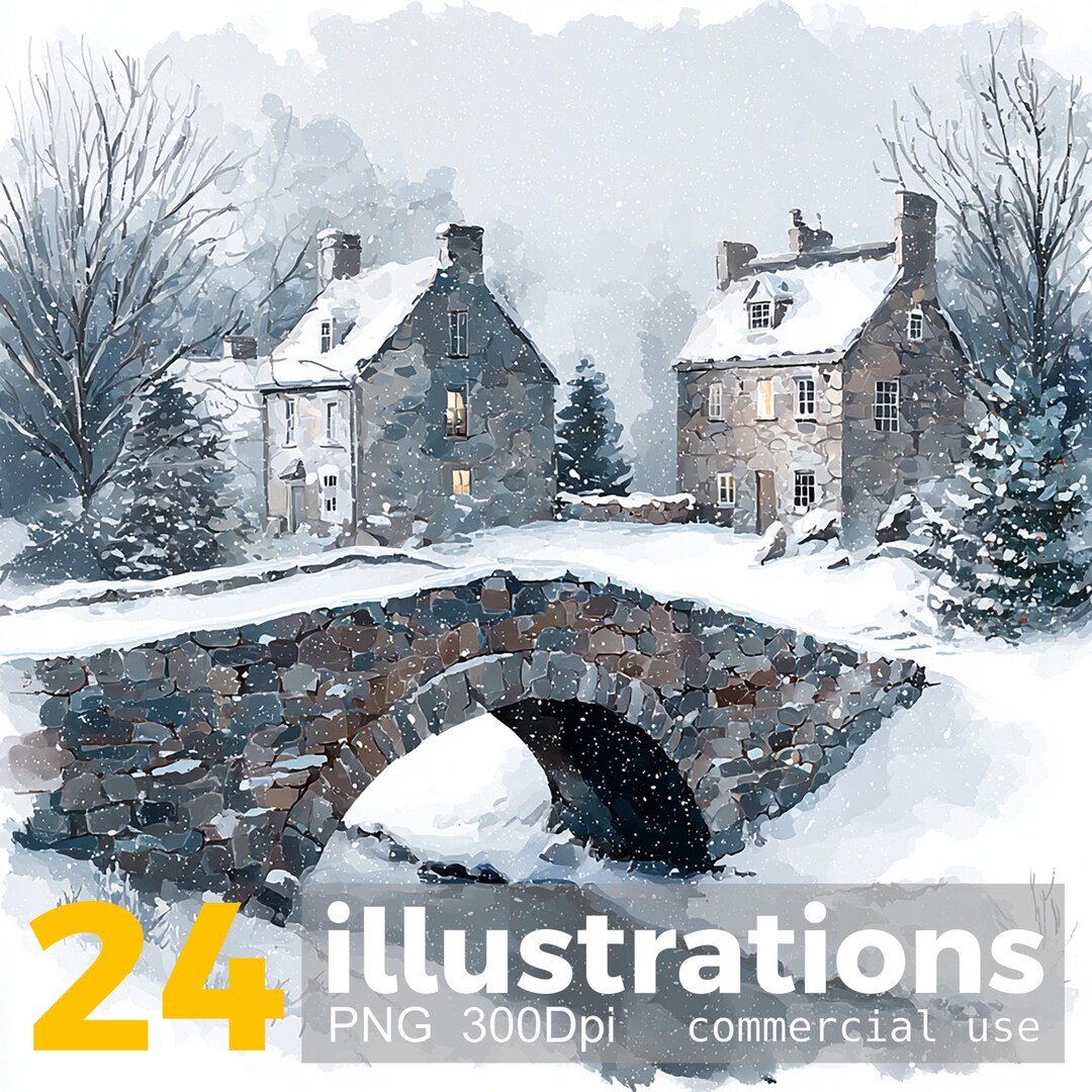 24 X Christmas Night Watercolor Clipart: Winter Stone Bridge (digital ...