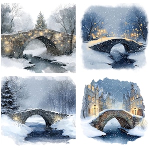 24 X Christmas Night Watercolor Clipart: Winter Stone Bridge (digital ...