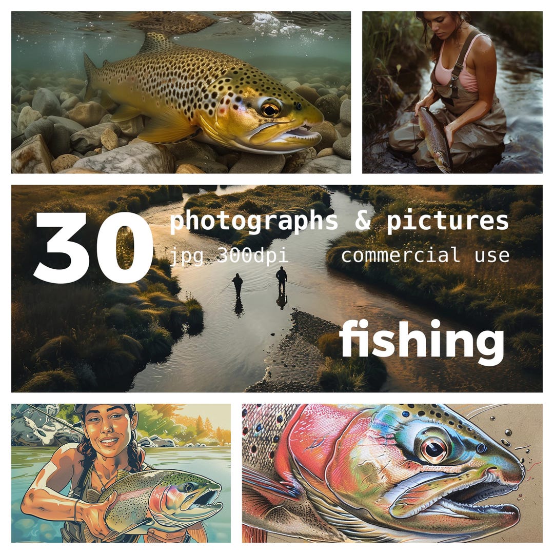 30 JPEG Photographs and Illustrations of Trout, Salmon, Bass Fishing ...