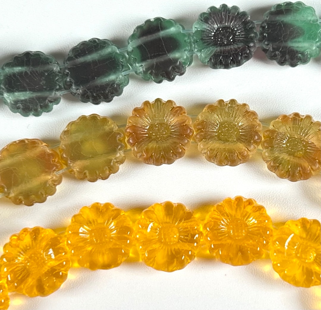 12mm Two 2 Hole Sunflower Beads Green Black Yellow Green Matte Orange ...