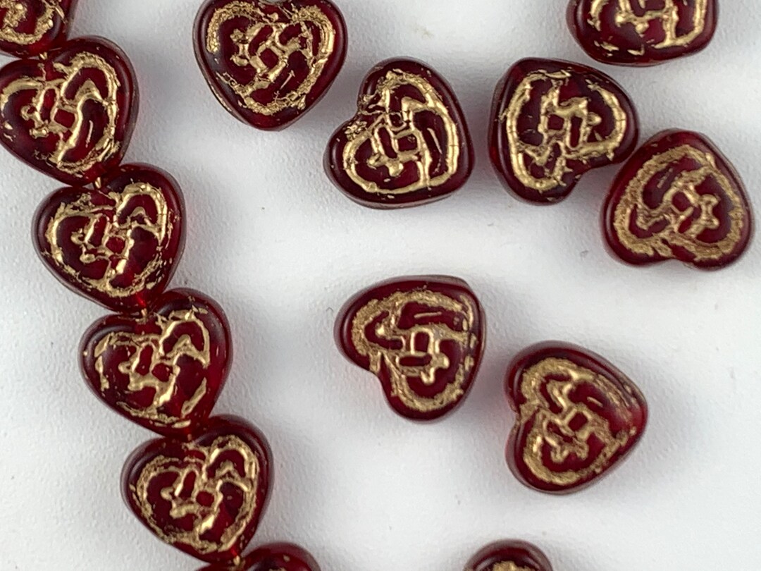 8mm Vintage Czech Glass Hearts Red Heart Beads With Gold Etching Celtic ...