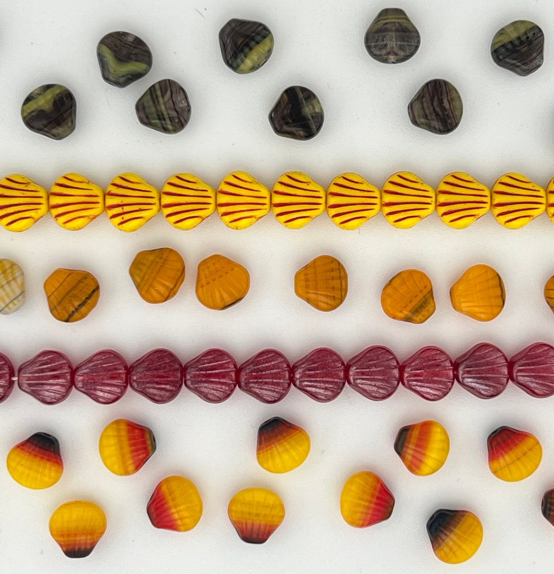 9mm Czech Glass Shell Beads Ruby Red Yellow Orange Green Black Striped ...