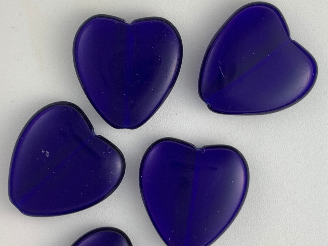 23mm Dark Cobalt Blue Heart Beads Translucent Czech Glass Vintage ...