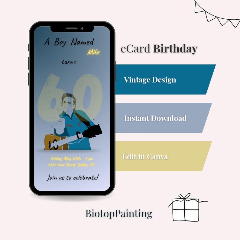 Retro Birthday Invitation Ecard Johnny Cash – Vintage | Customizable ...