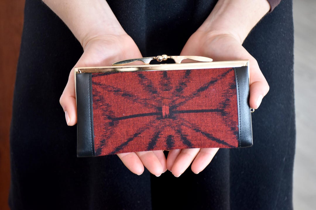 Japanese Long Wallet Iyo Kasuri Japanese Fabric, Black and Red Colour ...