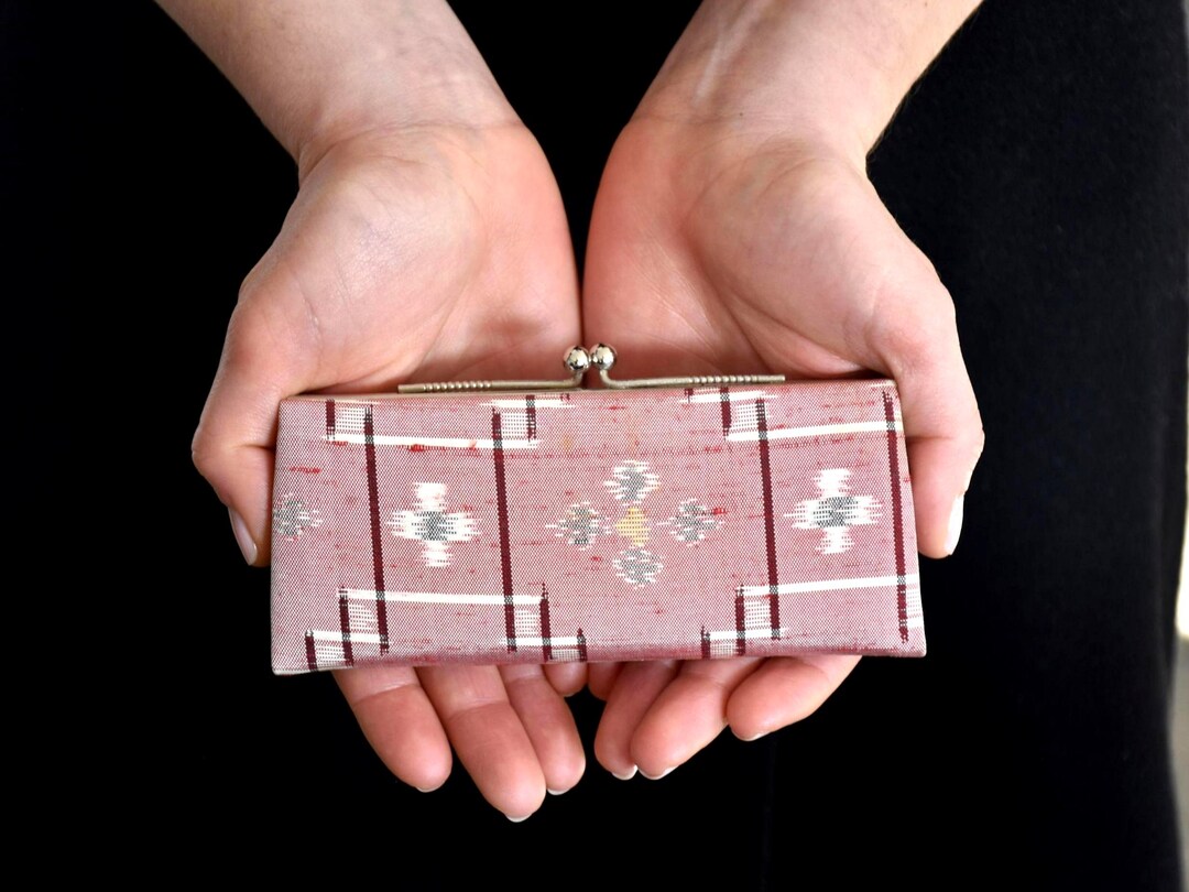 Cute Japanese Long Wallet – Ikat Fabric Coin Purse – Pink Geometric ...