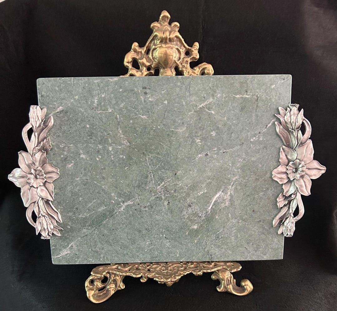 Vintage Seagull Pewter Green Marble Serving Board With Pewter Floral ...