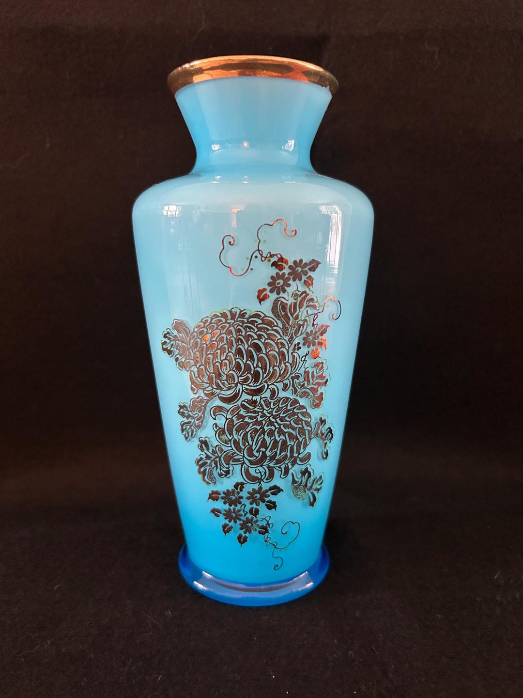 Vintage Light Blue Vase With Gold Floral Accents - Etsy