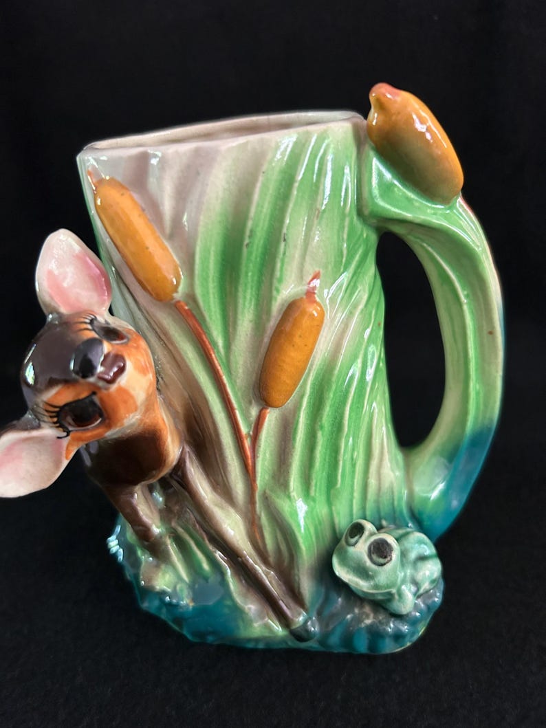 MCM Ceramic Vase/planter Featuring a Deer, Frog and Cattails - Etsy