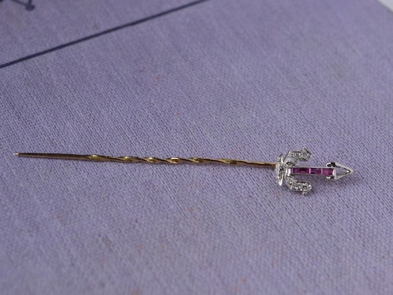 Candle stick lapel pin, ruby stickpin, Art deco pin, - Gem