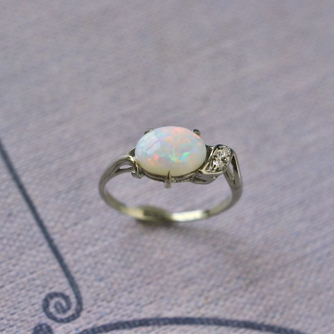 Vintage Opal Ring, White Gold Opal Ring With Diamonds, Size 7 ...