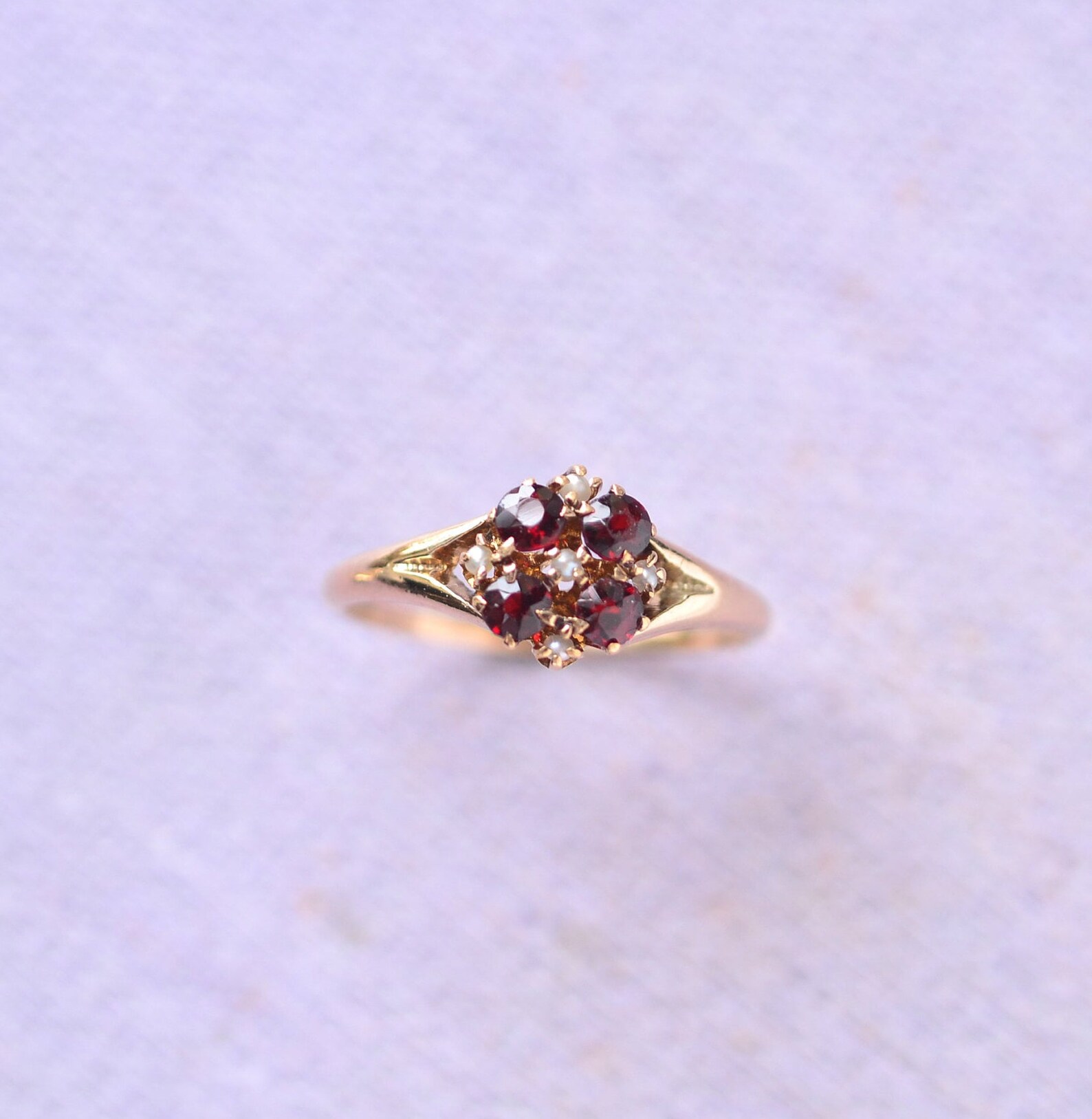 Yellow Gold Garnet Cluster Ring, Size 7.5, Split Shank With Seed Pearls ...