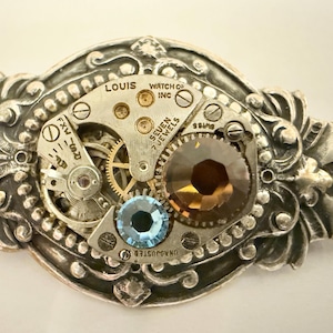 Handcrafted Steampunk Brooch Vintage Louis Watch Movement, Blue & Amber ...