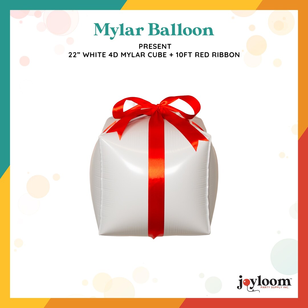 22" 4D White Cube Mylar + 10ft Red Ribbon | Wrapped Present Balloon ...