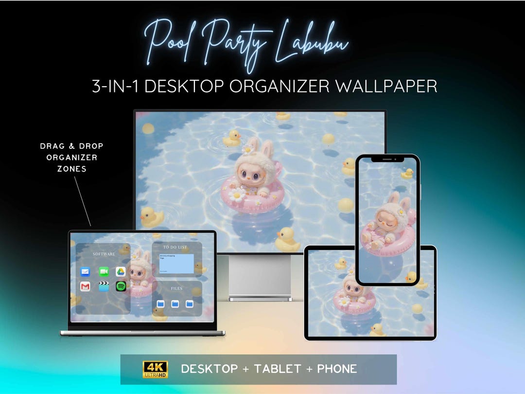 3D Labubu Summer Splash 4K Desktop Organizer Wallpaper Cute iPad Tablet ...