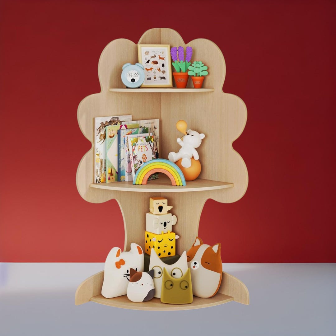 Kids Tree Bookshelf – Corner Wooden Bookcase Toy Organizer for Nursery ...
