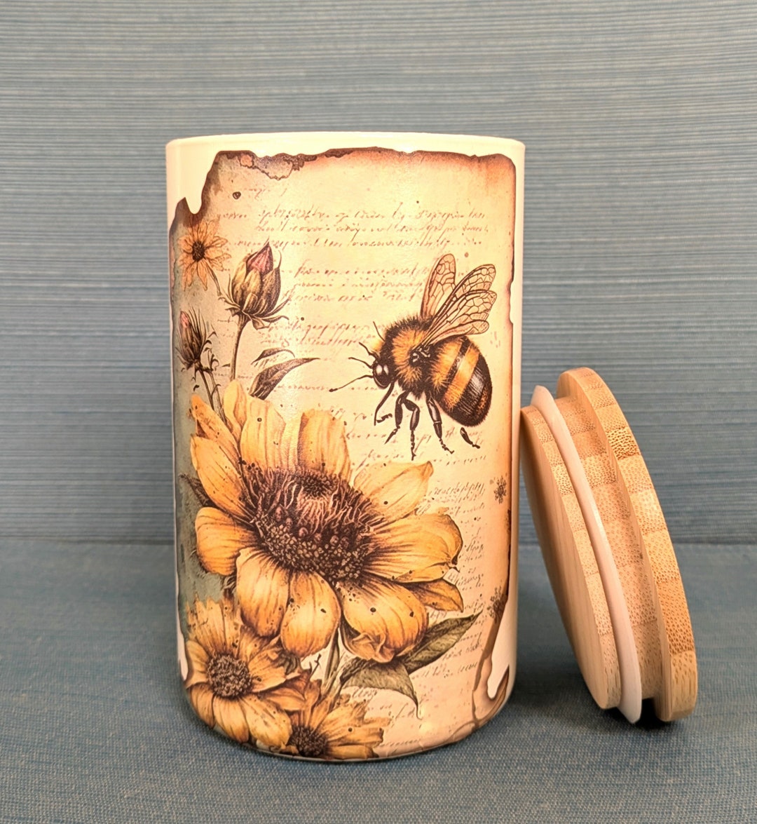 Honey Bee and Flowers Glass Jar, Decoupaged, With Wood Lid, 3 1/2 X 6 ...