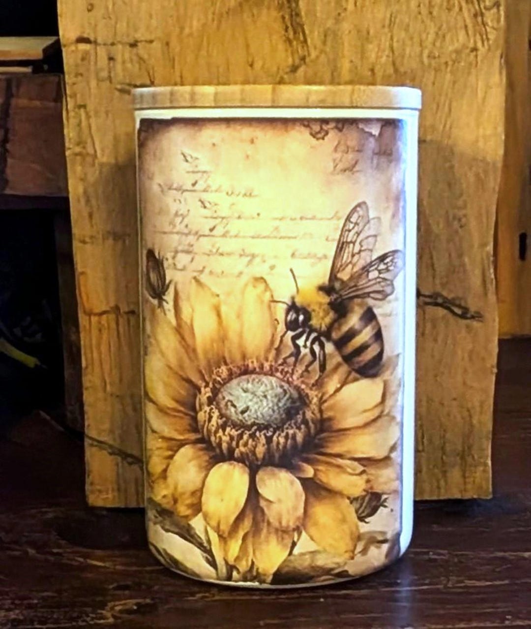 Bee and Flower Centerpiece, Vase, Glass Jar, Decoupaged, With Wood Lid ...