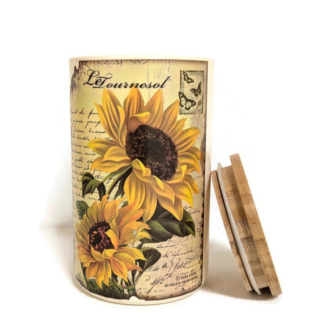 Sunflowers Glass Vase, Canister, Decoupaged, With Wood Lid, 3 1/2 X 6 ...