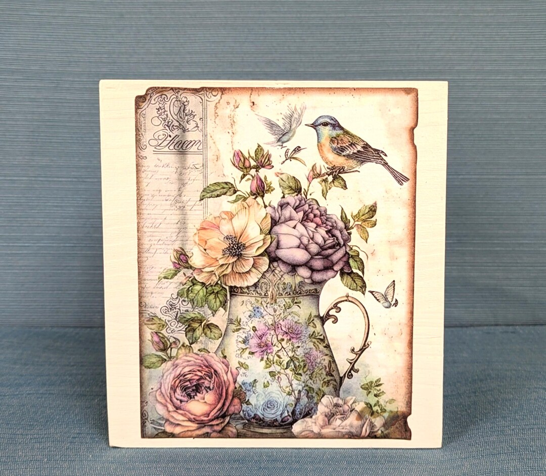Bird, Flowers and Pitcher Decoupaged Papers on Vintage White Painted ...