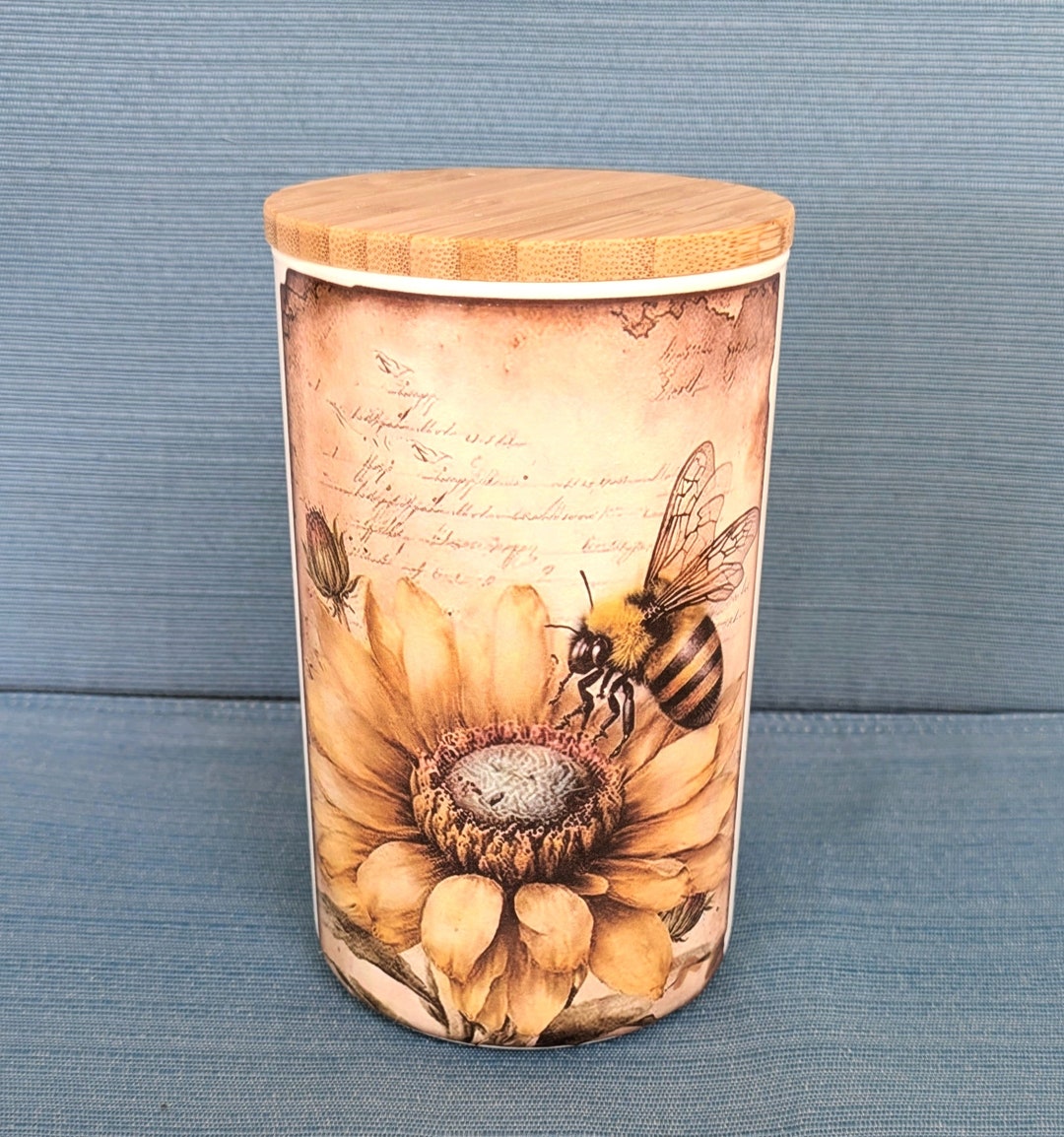 Honeybee and Flower Glass Jar, Decoupaged, With Wood Lid, 3 1/2 X 6 ...