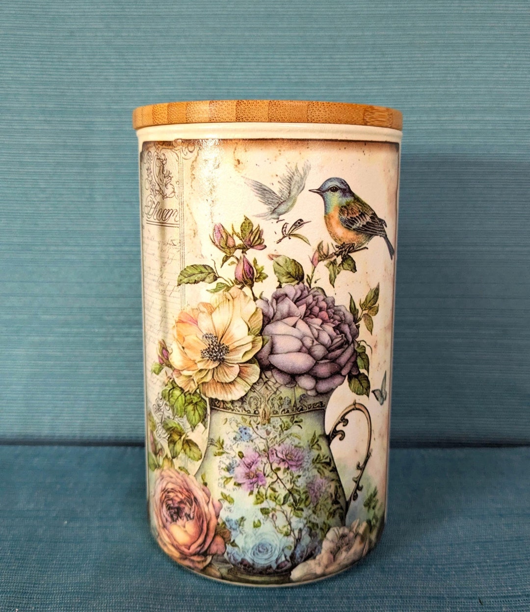 Bird and Flower Centerpiece, Vase, Glass Jar, Decoupaged, 6 Inches Tall ...