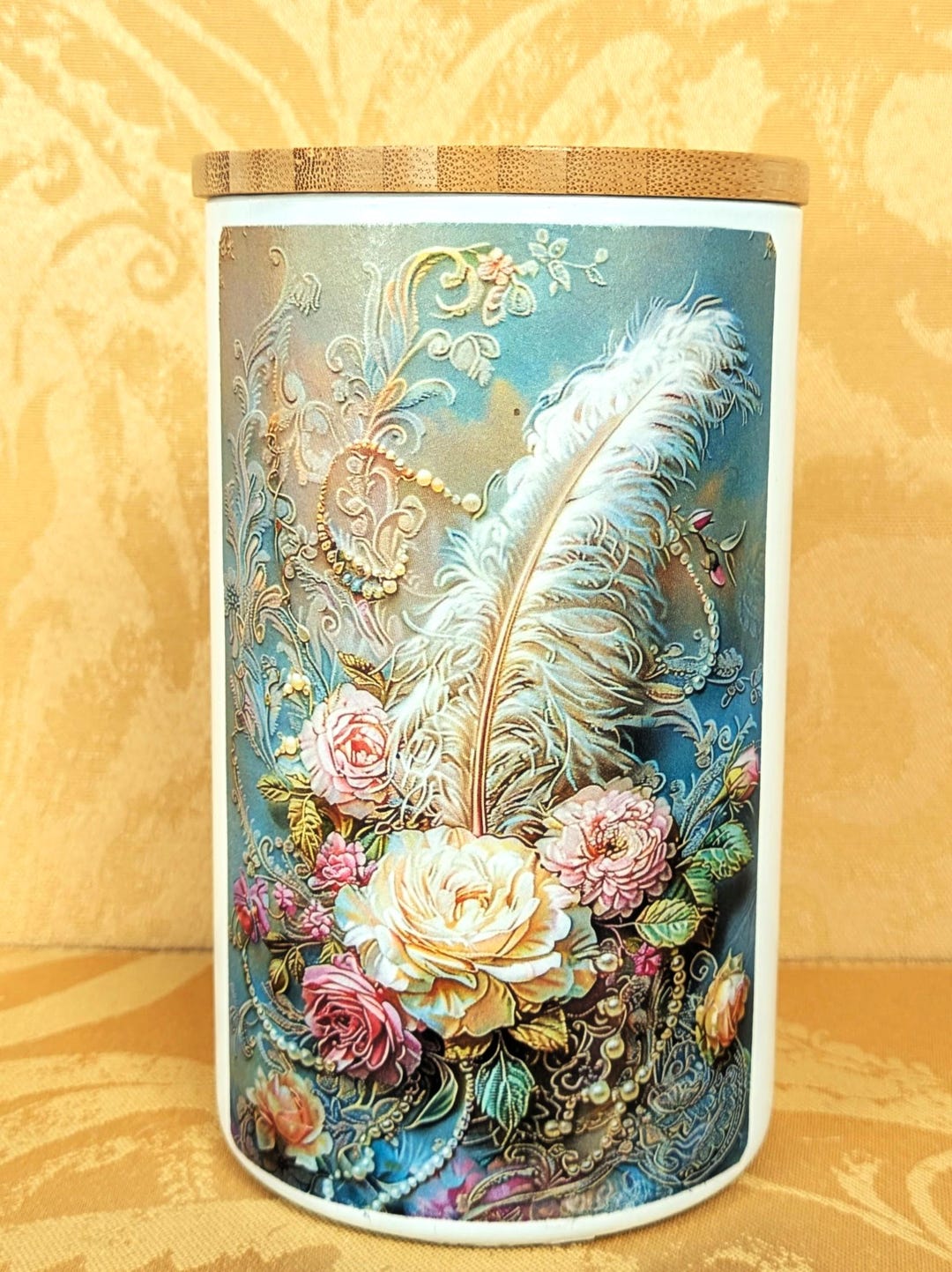 White Feather and Roses Centerpiece, Vase, Glass Jar, Victorian, Soft ...