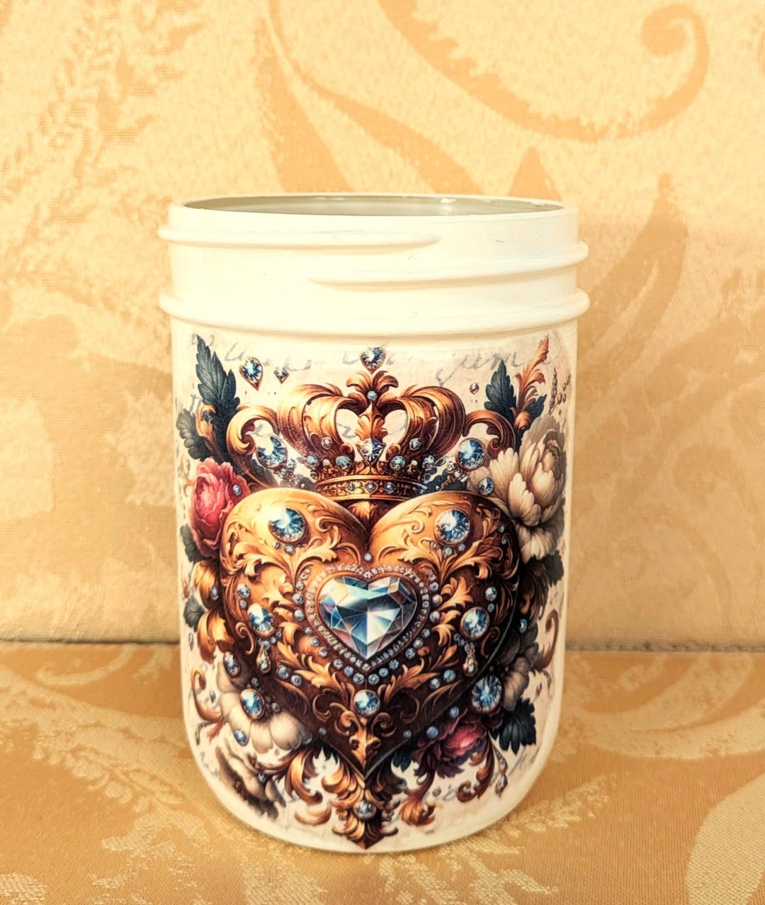 Jeweled Heart, Design Number One, Decoupaged Pint Mason Jar, Pen and ...