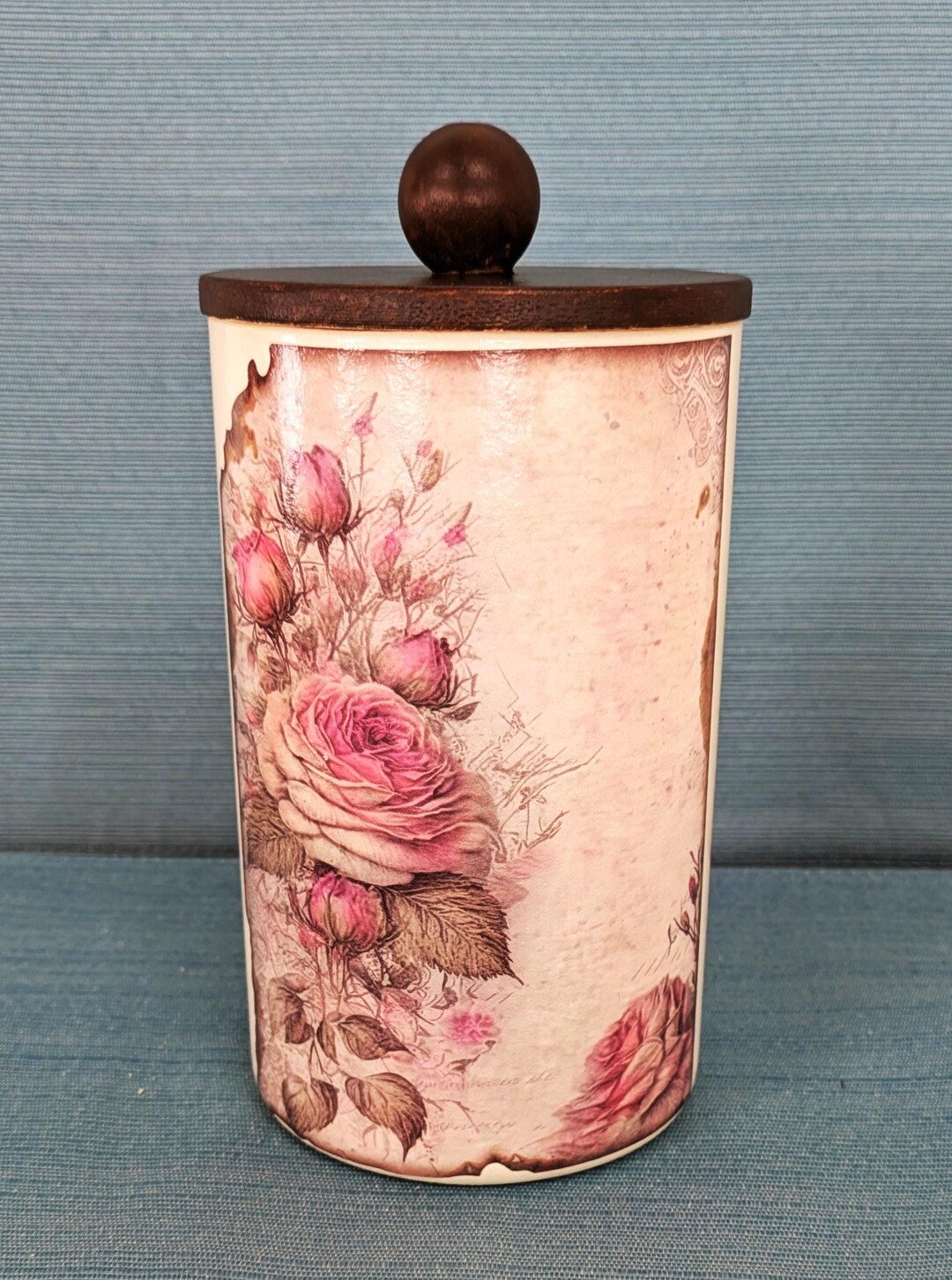Pink Roses Centerpiece, Vase, Glass Jar, Decoupaged, 6 Inches Tall ...
