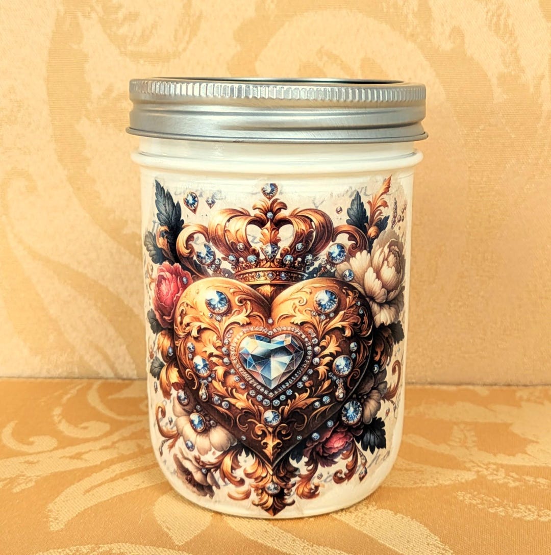 Jeweled Heart Decoupaged Pint Mason Jar, Pen and Pencil Holder ...