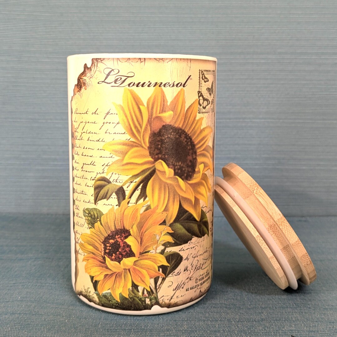 Sunflowers Centerpiece, Vase, Glass Jar, Decoupaged, With Wood Lid, 3 1 ...